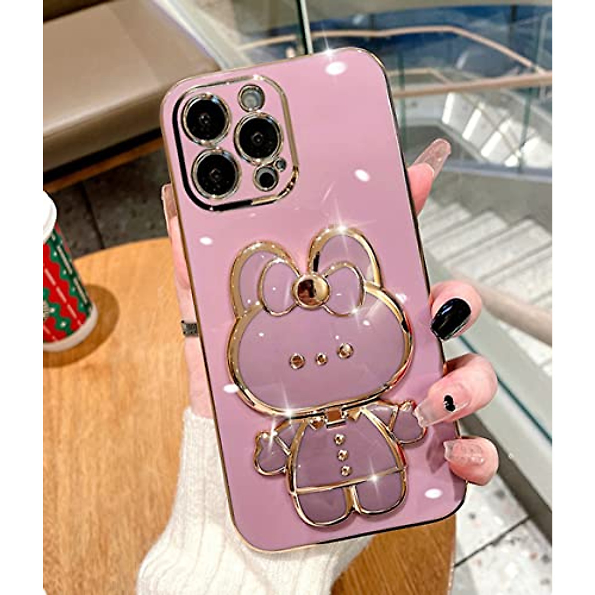 for iPhone 14 Pro Max Case for Women Girls,6D Cute Hidden Rabbit Bunny Stand Mirror Design,Luxury Plating Glitter Soft Silicone Makeup Girly Phone Case with Camera Cover for iPhone 14 Promax Purple