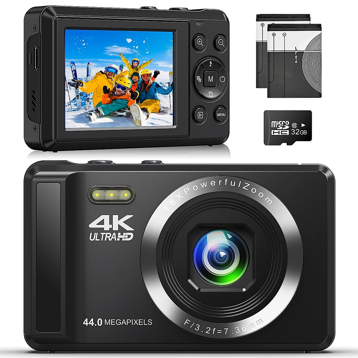 4K Digital Camera for Kids 44MP Compact Camera with 16X Digital Zoom, 2.4'' Autofocus Portable Point and Shoot Digital Cameras for Beginners, Boys, Girls with 32GB SD Card and 2 Batteries