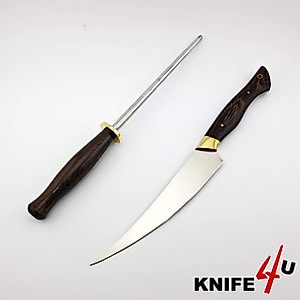 Knife4U Flexible Fillet Knife Set | 8"inches Fish Meat Slicer|Satin Finish 440C Stainless Steel Handcrafted Boning Knife|Wangy Handle comes with Knife Sharpener,Perfect Fishing Gifts For Men And Women