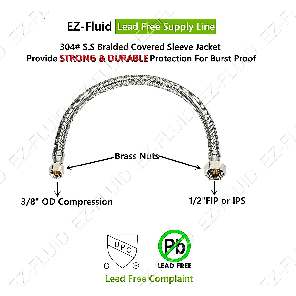 EZ-Fluid (2) 9" Water Supply Line,1/2" Fip x 3/8" Comp LF,Brass Nuts,Universal Stainless Steel Braided Faucet Water Supply Line Connector,Water Supply Hose Connector Lines,Kitchen,Bathroom Sink