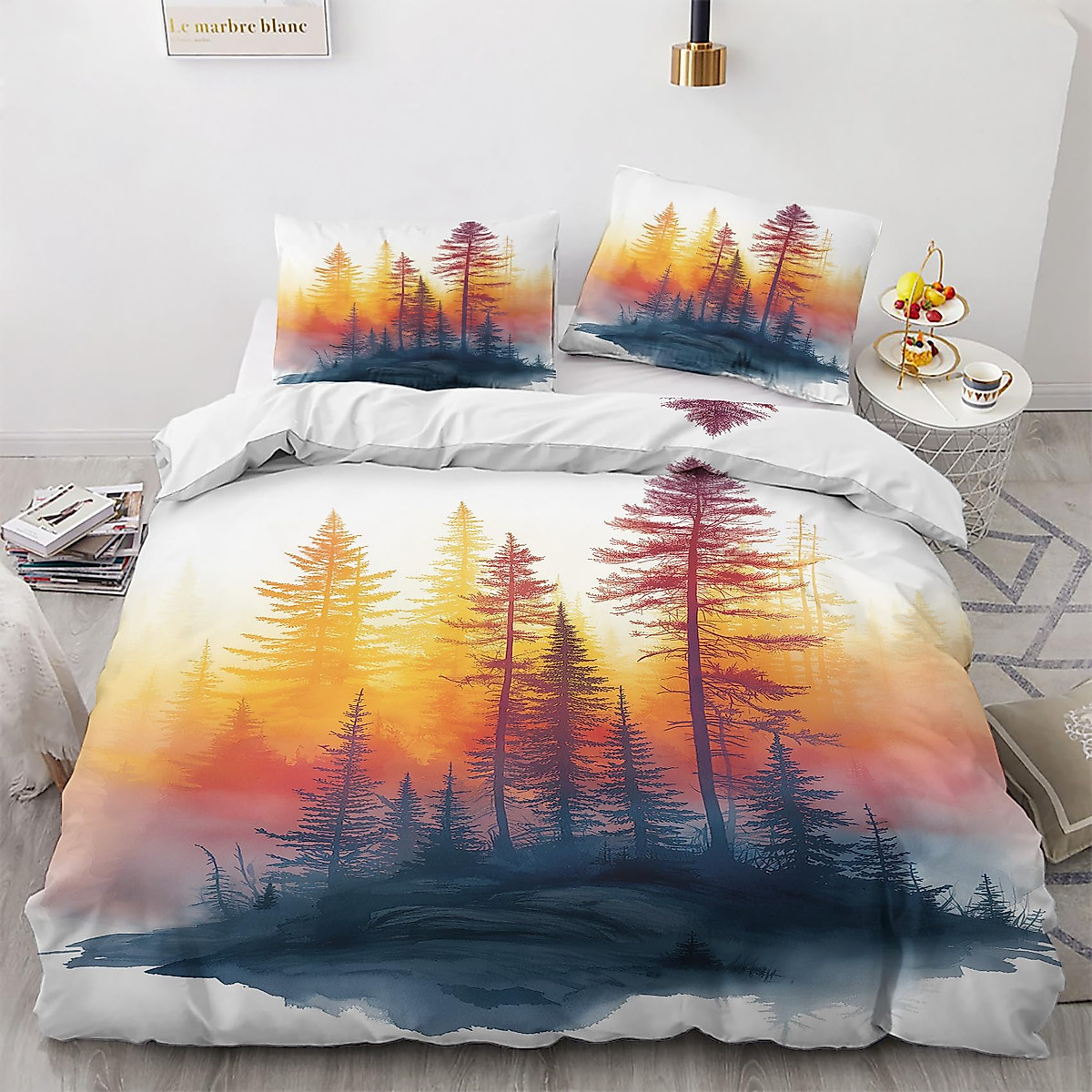 Quzepzarl Pine Tree Duvet Cover Set Queen Size, Autumn Woodland Bedding Set 3 Pieces with Zipper Closure, Watercolor Comforter Cover Soft Microfiber 1 Duvet Cover 90" x 90" and 2 Pillow Shams