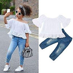 FIOMVA Toddler Kids Baby Girl Spring Fall Clothes Outfits Tracksuit Top Shirt Sweatshirt + Pants Trousers Leggings 2Pcs Set (White Ruffle Tunic top + Jeans Pants, 3-4T)