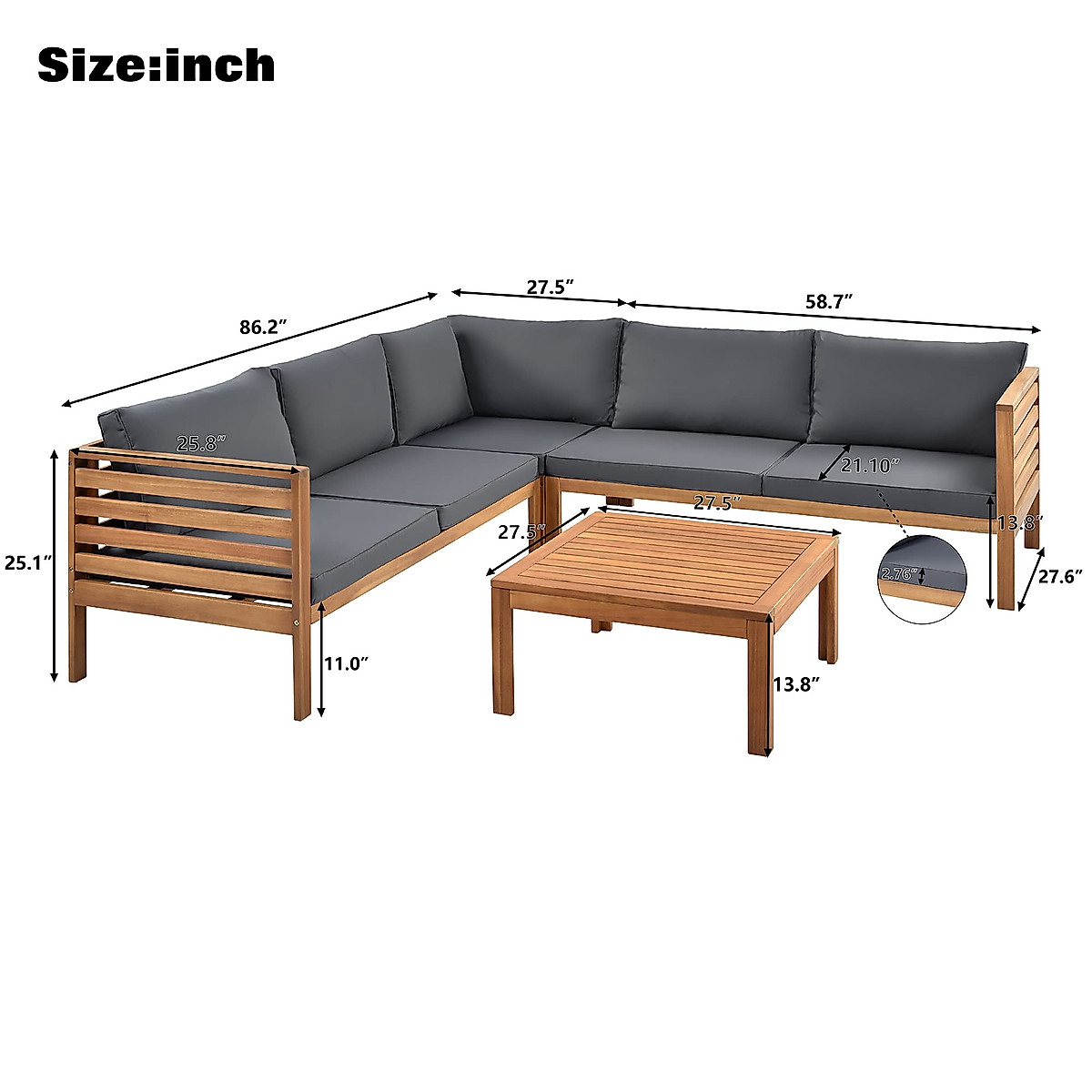 Outdoor Patio Furniture Sofa Set, 4 Piece Outdoor Conversation Sofa Set Wooden Sectional Sofa Set with Seat Cushions and Wooden Coffee Table, Cushioned Sofa Set for Outdoor Indoor
