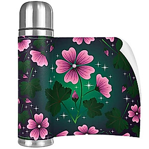 Pink Flower Green Leaves Stainless Steel Water Bottle Leak-Proof, Double Walled Vacuum Insulated Flask Thermos Cup Travel Mug 17 OZ