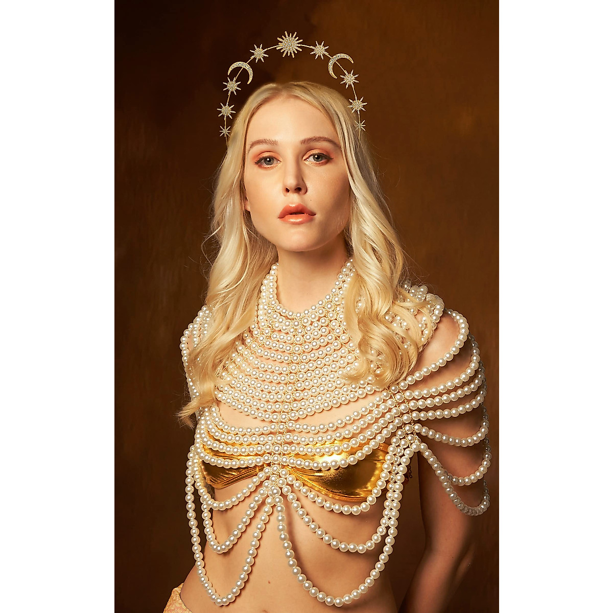 Star and Moon Halo Crown Goddess Crown Celestial Headband Starburst Halo Wedding Bridal Prom Tiara (2-Gold)