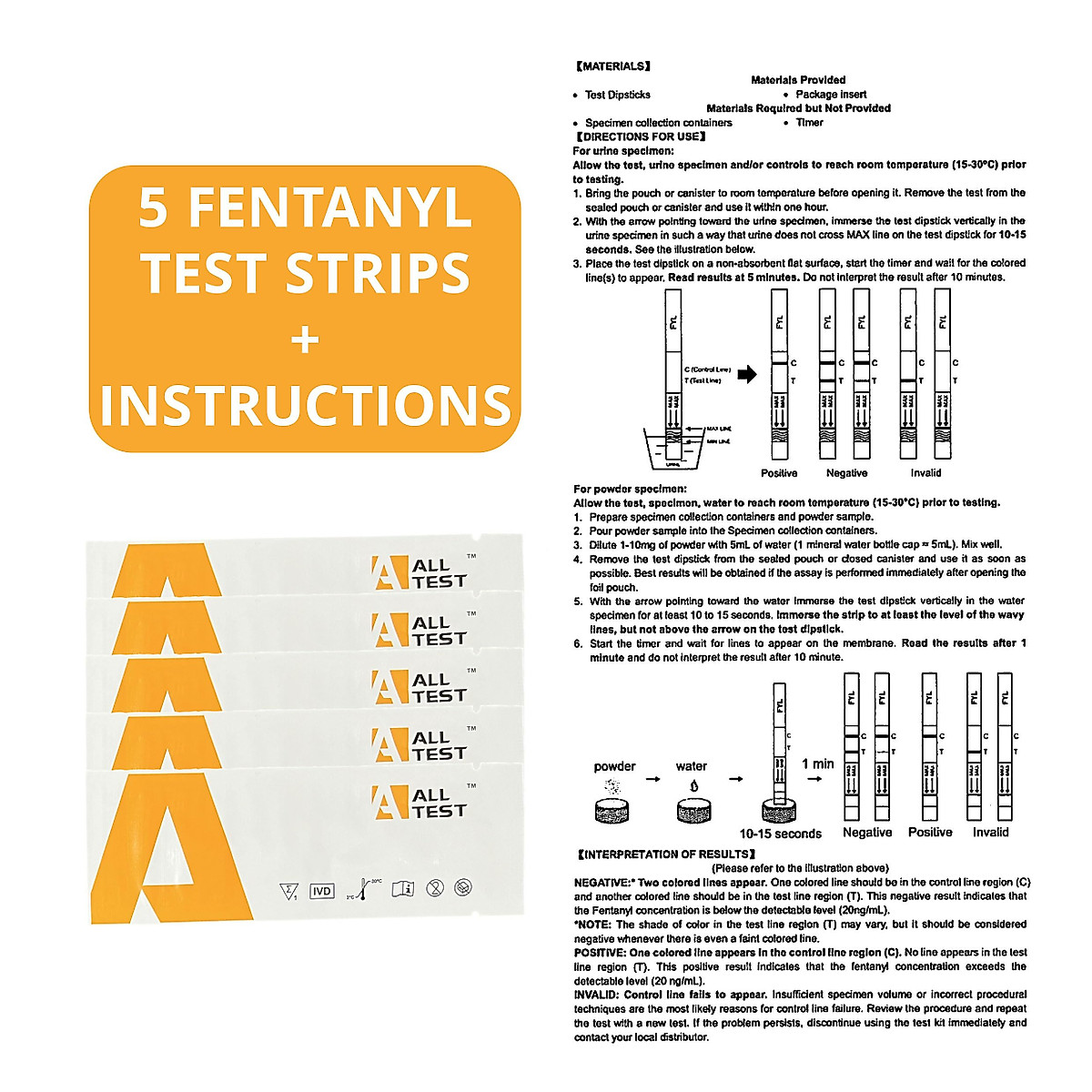 ALLTEST Fentanyl Test Strips - 5 Test Strips Per Pack - #1 Global Selling Fentanyl Test Strips for Powder or Liquid - Harm Reduction Tool, Overdose Prevention, 1 Minute Results, 20ng/mL Cut-Off