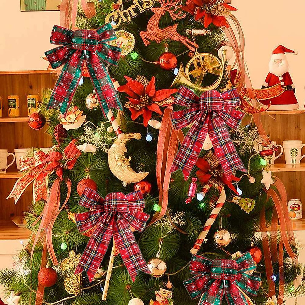 Christmas Ribbon, Ribbon for Christmas Tree, Snowflake Christmas Plaid Ribbon, Christmas Crafts, Home Wrapping Craft Decoration, Ribbons for Crafts, 24 Yards in Total, 6 Yards Each Roll, 1 Inch Width