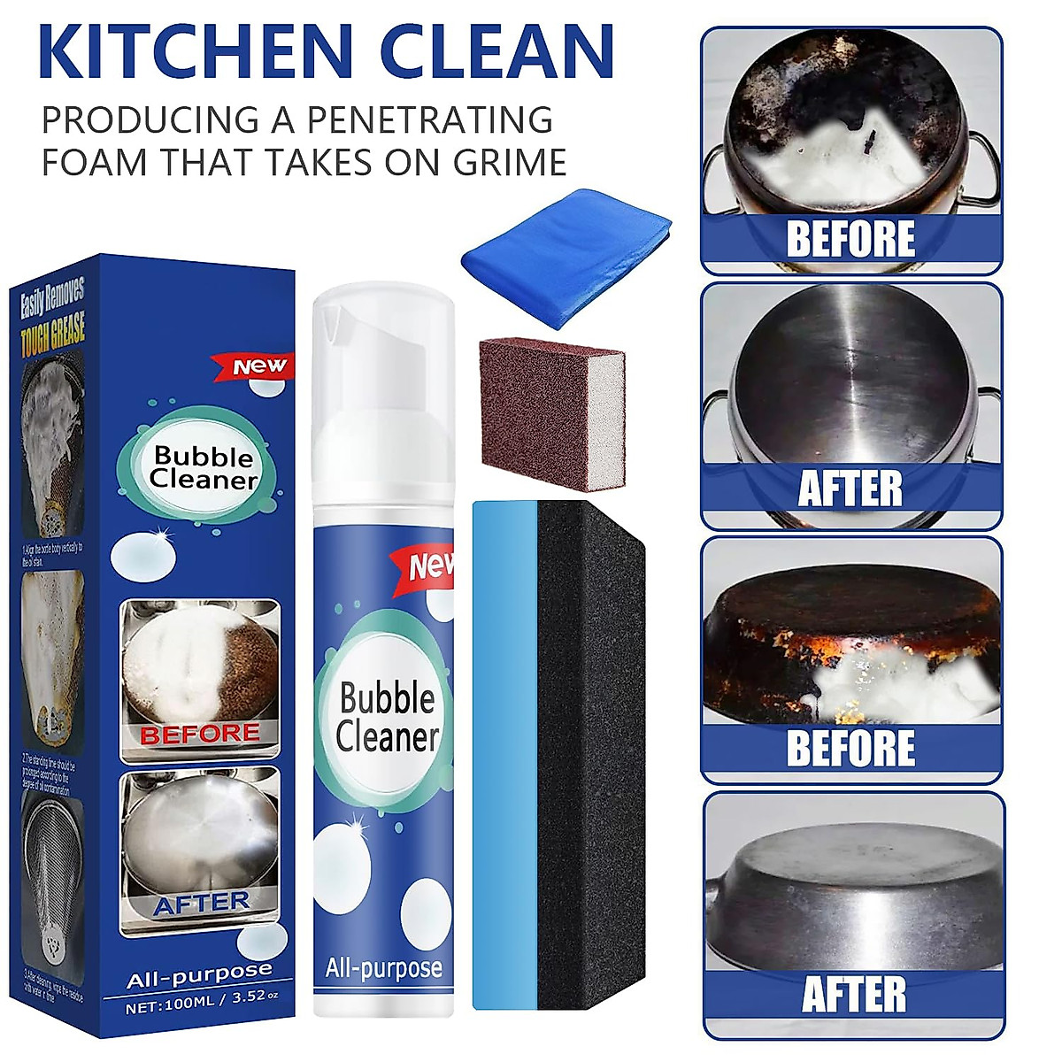 (100ML*3PCS) Bubble Cleaner Foam,Foaming Heavy Oil Stain Cleaner,All-Purpose Rinse-free Cleaner Spray,Kitchen Deep Cleaning Spray,Powerful Stain,Stubborn Grease & Grime Remover Bubble Spray