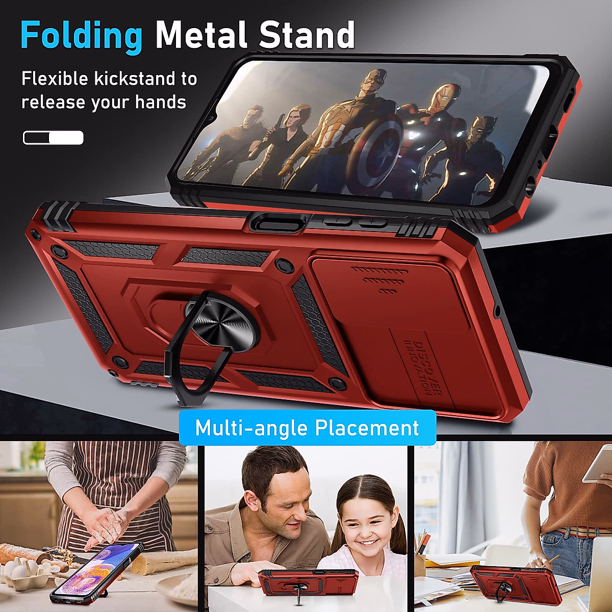 Janmitta Compatible with Galaxy A23 5G/4G Case Built in Slide Camera Lens Cover+Screen Protector,Heavy Duty Shockproof Full Body Cover,Built in Finger Ring Stable Holder Kickstand,2022 Red