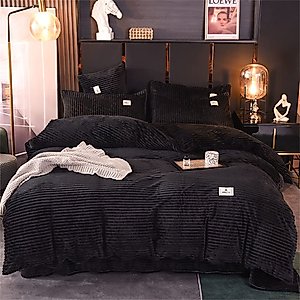 Gusuhome Luxury Fluffy Corduroy Duvet Cover Set Queen Size 3PCS Faux Fur Comforter Cover Set Fuzzy Soft Flannel Striped Solid Color Bedding Set Zipper Closure (Black