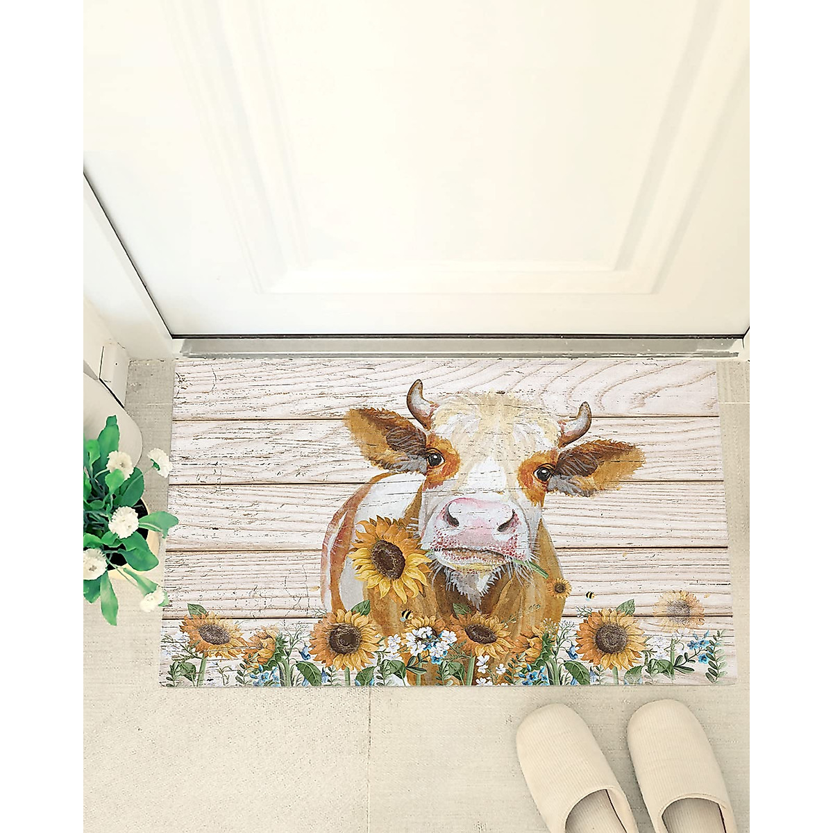 Fluffy Bath Rug Cow Sunflower Farm Flowers Animals Plank,Non Slip Shag Carpet Soft Floor Door Mat Pastoral Country Farmhouse,Absorbent Entrance Rugs for Kitchen Bathroom Living Room 24x35in
