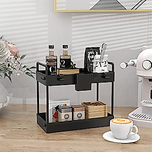 Ronlap 2 Pack Under Sink Organizers and Storage, 2 Tier Bathroom Organizer Under Sink with Handle Hanging Cup Hooks Dividers, Kitchen Organization and Storage Under Sink Cabinet Counter Shelf, Black