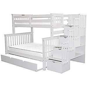 Bedz King Stairway Bunk Beds Twin over Full with 4 Drawers in the Steps and a Full Trundle, White