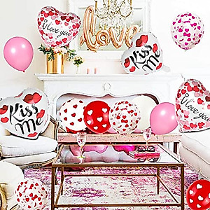 Valentines Day Decorations, 64Pcs Pink White Heart Print Balloons Heart Confetti Balloons Foil Balloons for Valentines Day Proposal Engagement Wedding Party Decorations