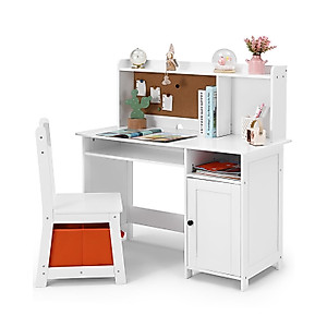 Kid's Study Desk and Chair Set for Boys & Girls – Wooden Ergonomic Design, Includes Built-In Chair Storage Bins & Bookshelf Organizer & Cork Bulletion Board, for Children Studying, Writing, Drawing