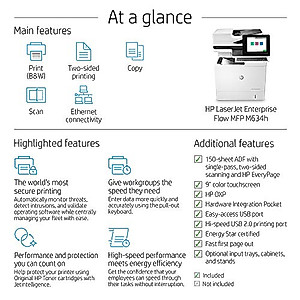 HP LaserJet Enterprise Flow MFP M634h Monochrome All-in-One Printer with built-in Ethernet & 2-sided printing (7PS95A)