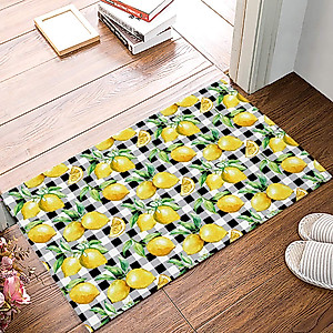 Doormat Bath Rugs Non Slip Yellow Fruit Lemon Watercolour Print Plaid Black and White Washable Cover Floor Rug Absorbent Carpets Floor Mat Home Decor for Kitchen Bathroom Bedroom (16x24)