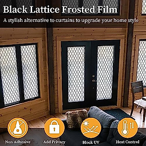 FEOMOS Window Privacy Film, Frosted Glass Window Film, Static Cling Window Tint for Home Décor & Anti UV, Black Lattice Sun Blocking Window Covering 17.3x78.7 inches