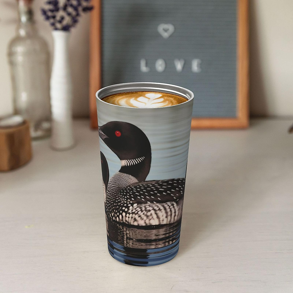 Insulated Coffee Mug Loon Birds 17oz Double Wall Vacuum Stainless Steel Tumbler With Leak-Proof Lid And Handle, Cute Travel Thermos Mug For Cold Hot Drinks