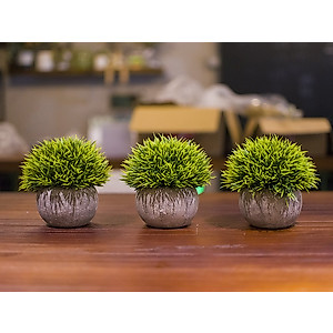 Opps Mini Artificial Plants Plastic Fake Green Grass Topiary Shrubs with Gray Pot for Home Décor – Set of 3