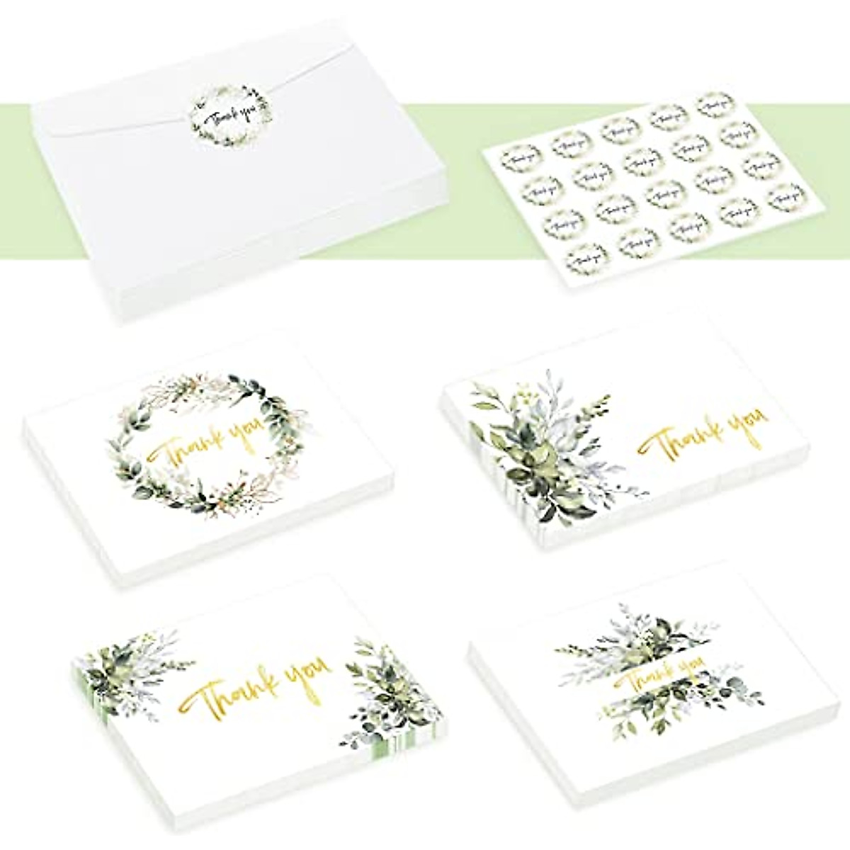 Thank You Cards with Envelopes & Stickers - Gold Foil Greenery (Bulk 32-Pack), Watercolor Eucalyptus Thank You Blank Notes For Engagement, Wedding, Baby Shower, Graduation, Bridal, Business, Anniversary