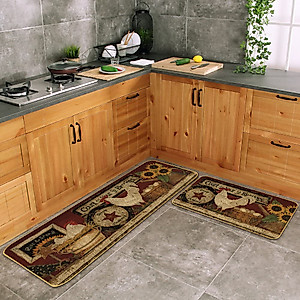 DXSHCG Farmhouse Decorative Kitchen Rugs and Mats Set of 2, Farm Rooster Non-Slip Kitchen Mats,Seasonal Holiday Party Sets Washable Low-Profile Floor Mats - 17x29 and 17x47 Inch