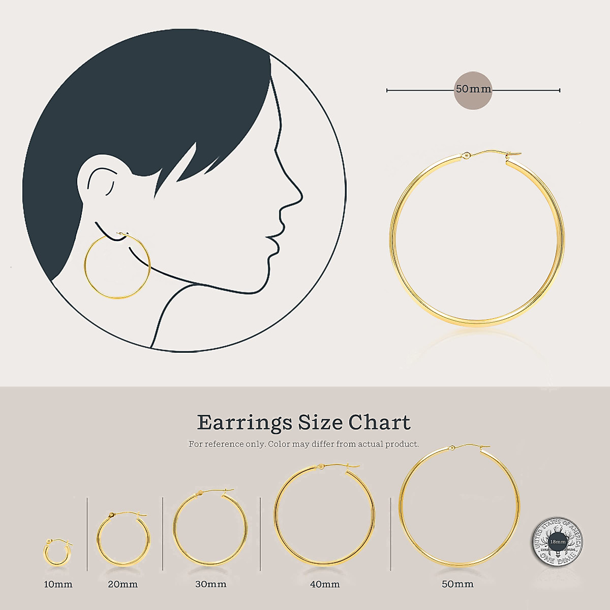 KEZEF 14K Real Gold Hoop Earrings for Women - 2mm Thickness, Lightweight Tube Hoops for Women with High Polish Finish in 14 kt White Gold - 50mm / 2" Diameter