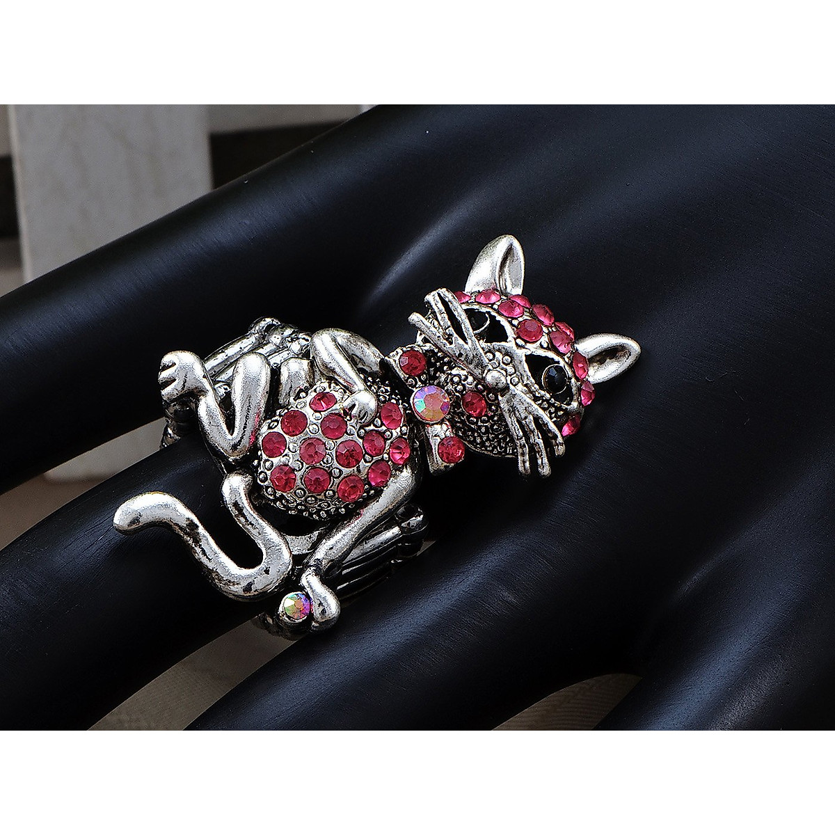 Alilang Silvery Tone Shine Pink Crystal Rhinestones Cute Cat Animal Adjustable Ring