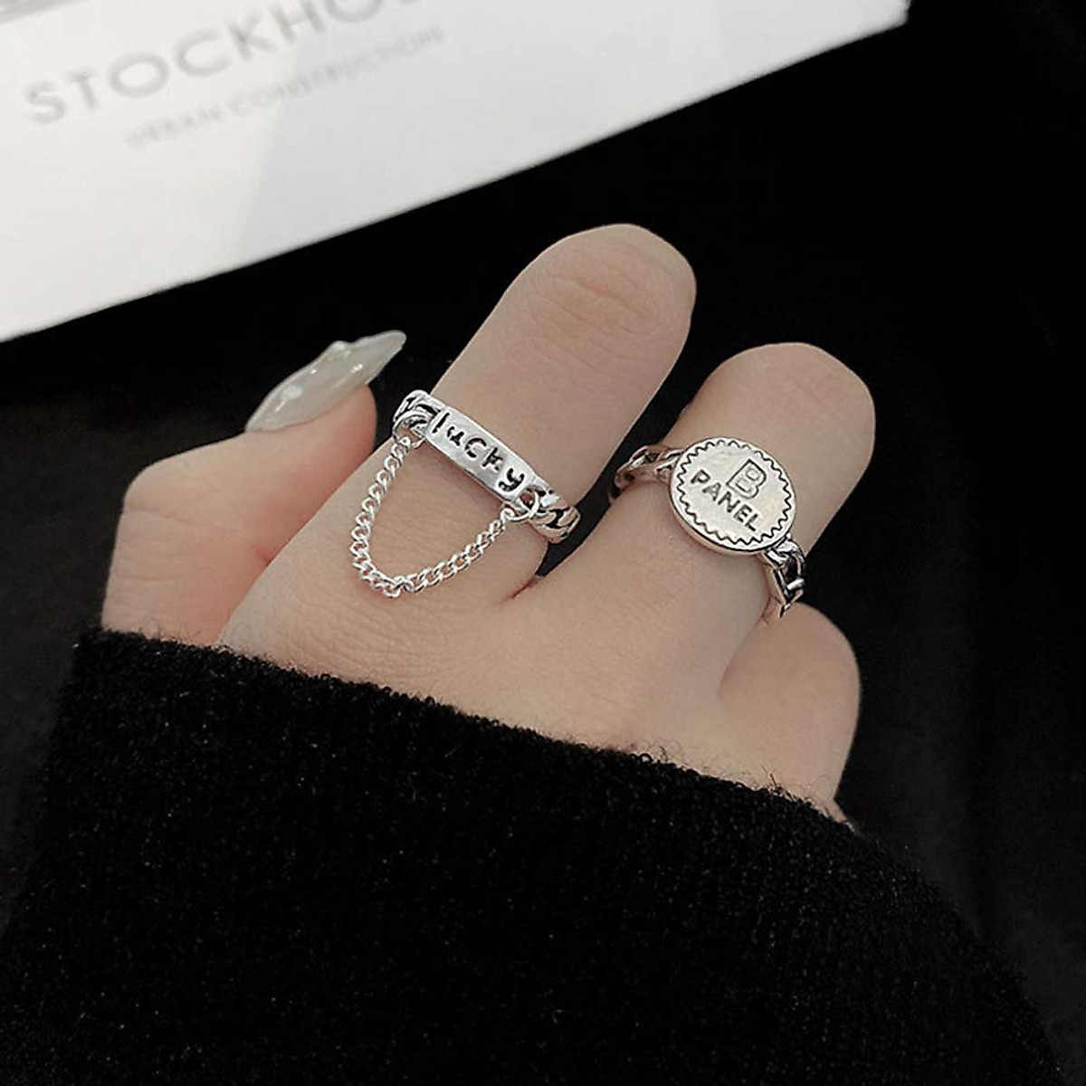 Adjustable Belt Buckle Rabbit Engraved Lucky B Chain Rings Set Silver For Women Goth Viking Kpop Punk Vintage Open Stackable Ring Set For Daughter Mom Jewelry