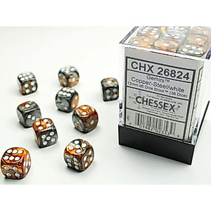 Chessex DND Dice Set D&D Dice-12mm Gemini Copper, Steel, and White Plastic Polyhedral Dice Set-Dungeons and Dragons Dice Includes 36 Dice – D6 (CHX26824)