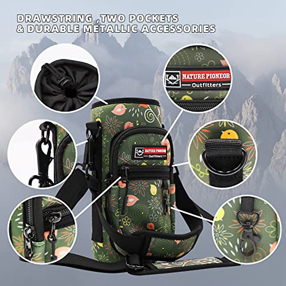NATURE PIONEOR Water Bottle Holder with Strap for 25oz/32oz/40oz/64oz, Water Bottle Carrier Bag with Phone Pocket,Crossbody Neoprene Sling Bag Sleeve for Walking,Carrying,Hiking