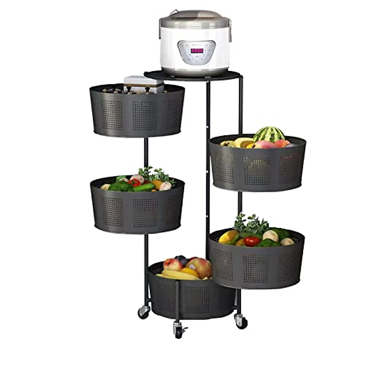 Kitchen Storage Rack with Wheels Round Standing Rack for Livingroom Rotating Organizer Household Storage Shelf Black 5F