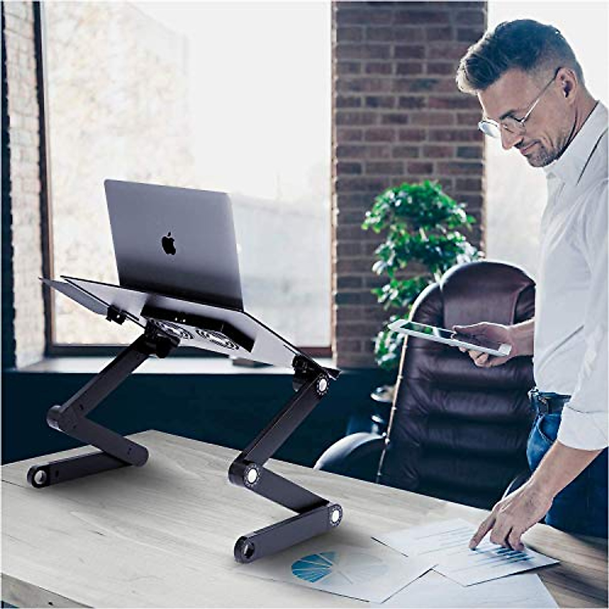 Mount-It! Adjustable Laptop Stand with Built-in Cooling Fans and Mouse Pad Tray, Easy to Use Ergonomic Laptop Stand for Bed, Couch, and Table, Portable and Lightweight