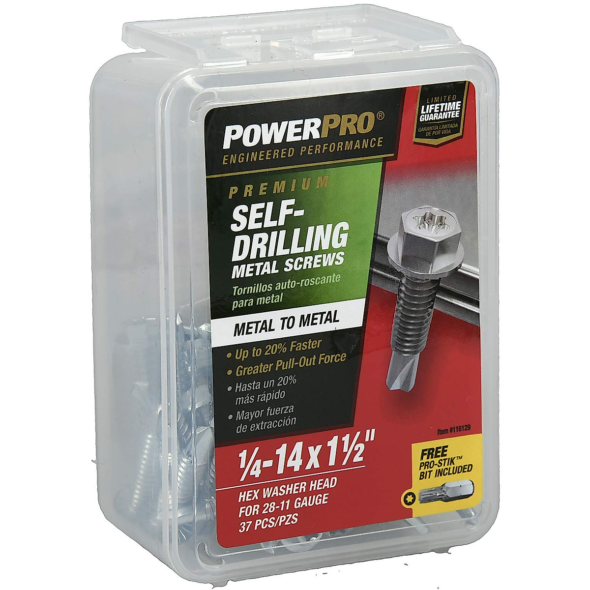 Power Pro Premium Self-Drilling Metal Screws, Zinc Plated Steel, Hex Washer Head Metal to Metal Winged Point Screws, Silver, ¼ x 1-½ inches, Box of 37 Screws