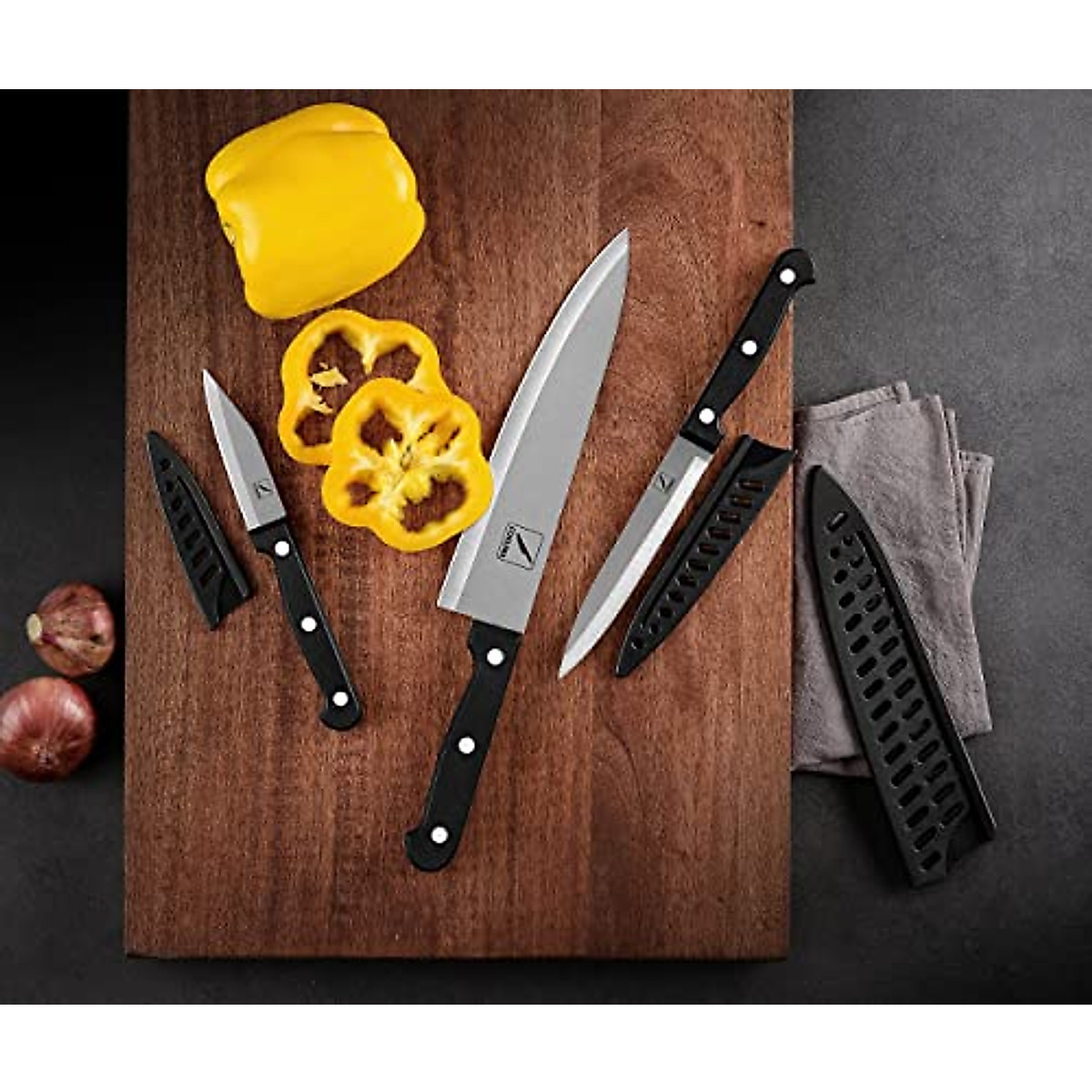 COKUMA Kitchen Knife, 3-Pcs Knife Set With Sheath, 8 Inch Chef Knife, 4.5 Inch Utility Knife, 4 Inch Paring Knife, Stainless Steel Chef Knife Set, Black