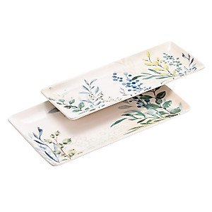 Bico Botanical Valley Ceramic 14 inch Rectangular Serving Platter, Set of 2, for Serving Salad, Pasta, Cheese, Ham, Appetizer, Microwave & Dishwasher Safe