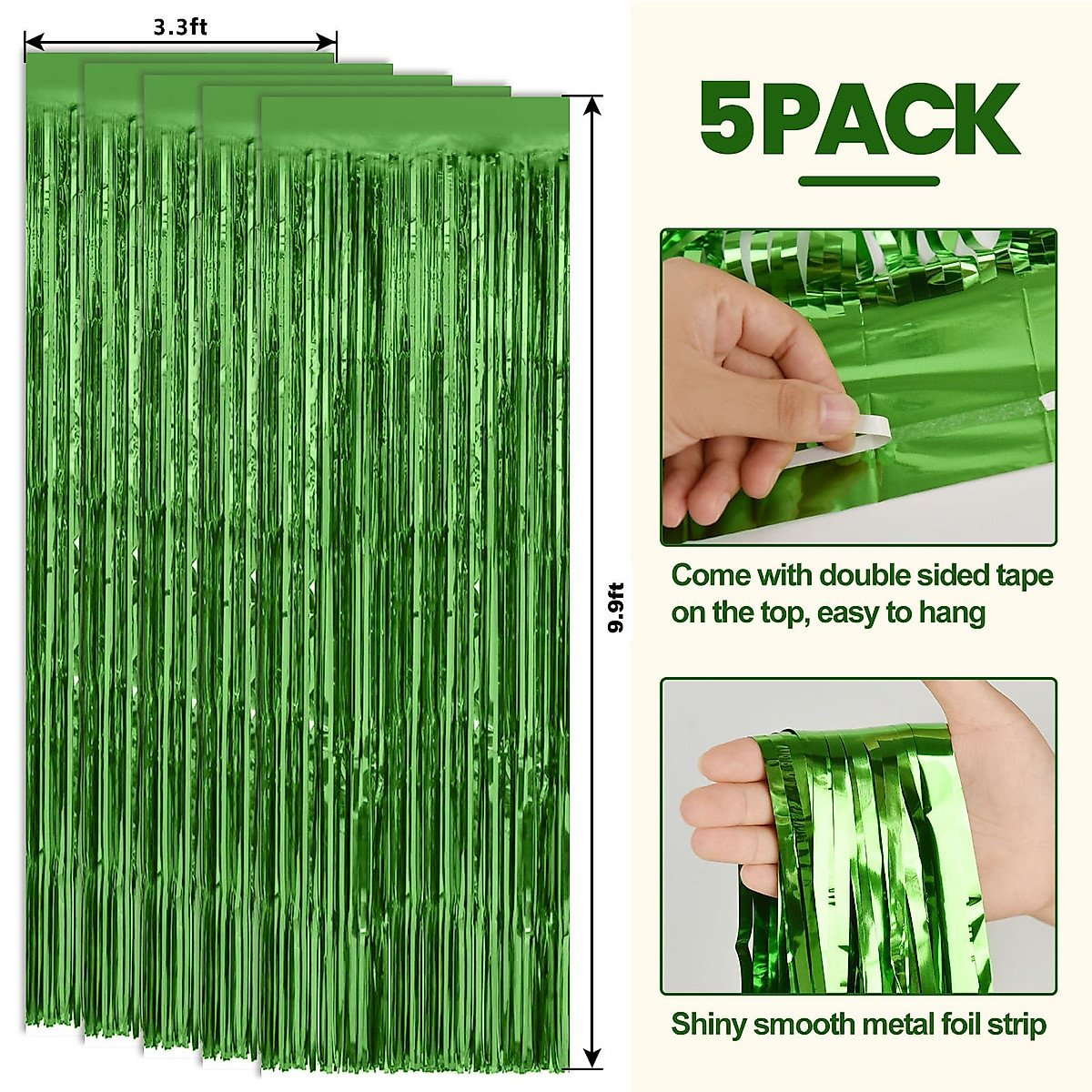 PABUES 5 Pack 3.3x9.9 Feet Green Foil Fringe Backdrop Curtains, Tinsel Streamers Birthday Party Decorations, Fringe Backdrop for Graduation, Baby Shower, Gender Reveal, Disco Party