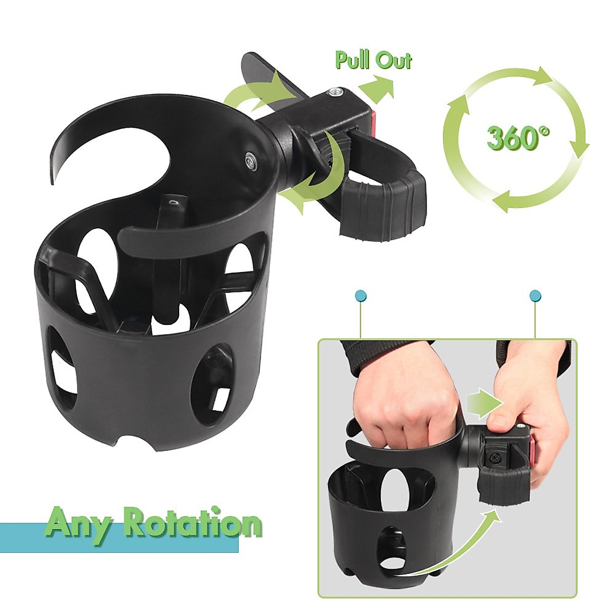 AULLY PARK Universal Drink Cup Holder Adapter, 360° Rotation Handle Bar Mount for Baby Strollers, Wheelchairs, Bikes, luggages (Black)