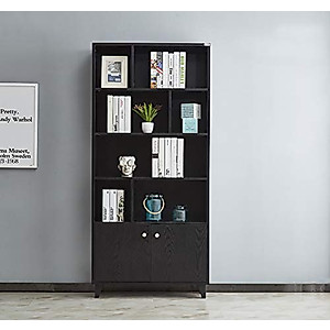 Mixcept Modern Bookcase with 2 Doors 68" Tall Storage Wooden Bookshelf with 7 Compartments for Home Office, Black