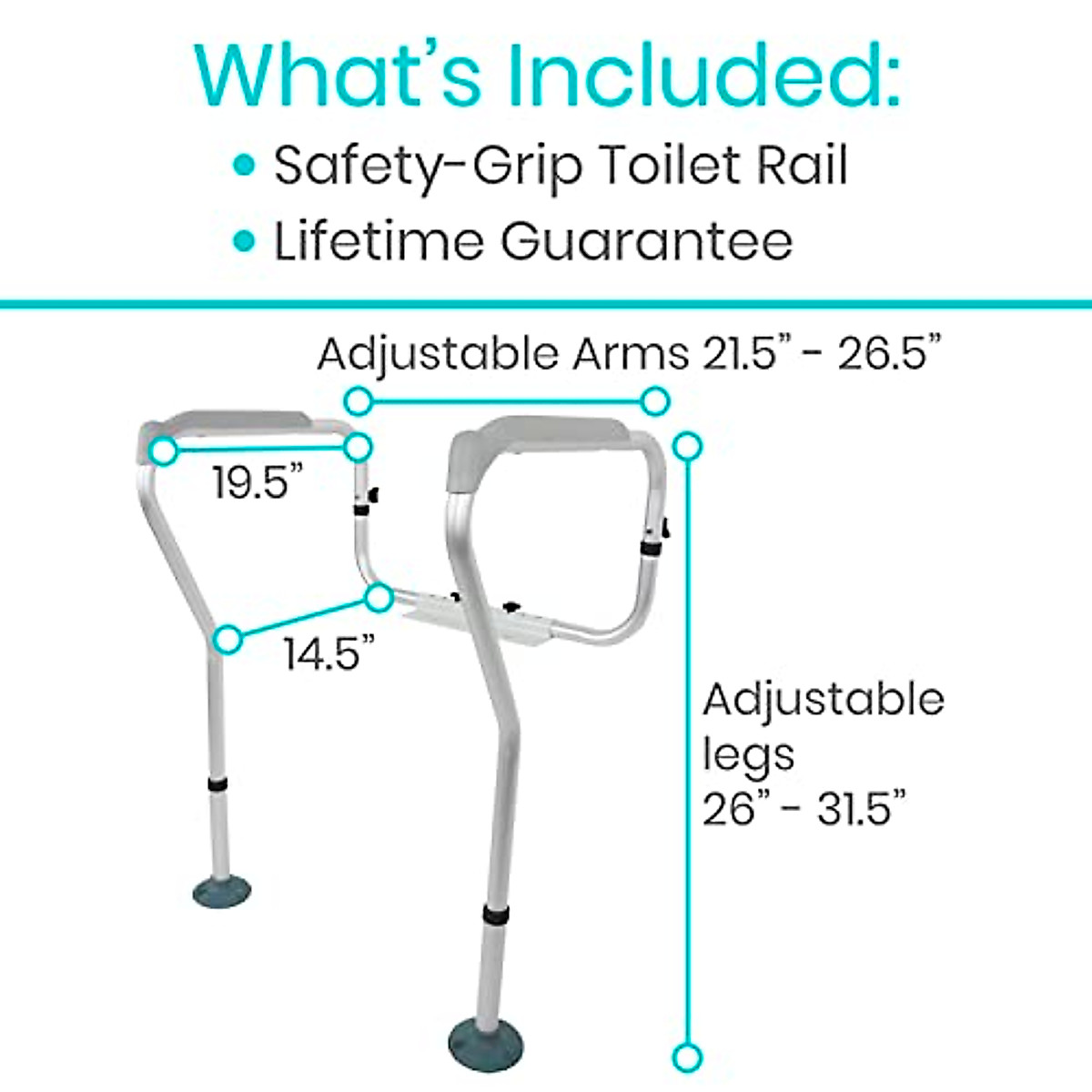 Vive Toilet Rail - Bathroom Safety Frame - Medical Railing Helper for Elderly, Handicap, Disabled, Seniors - Bariatric Assist Handrail Grab Bar - Adjustable Height, Padded Arms Fit Most Toilets