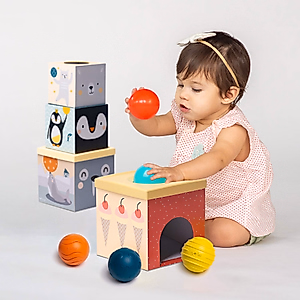 Taf Toys Toddlers Object Permanence Ball Drop Stacker, Made of Strong & Durable Cardboard Box & Plastic Cover Perfect Developmental Toy for Tummy-Time
