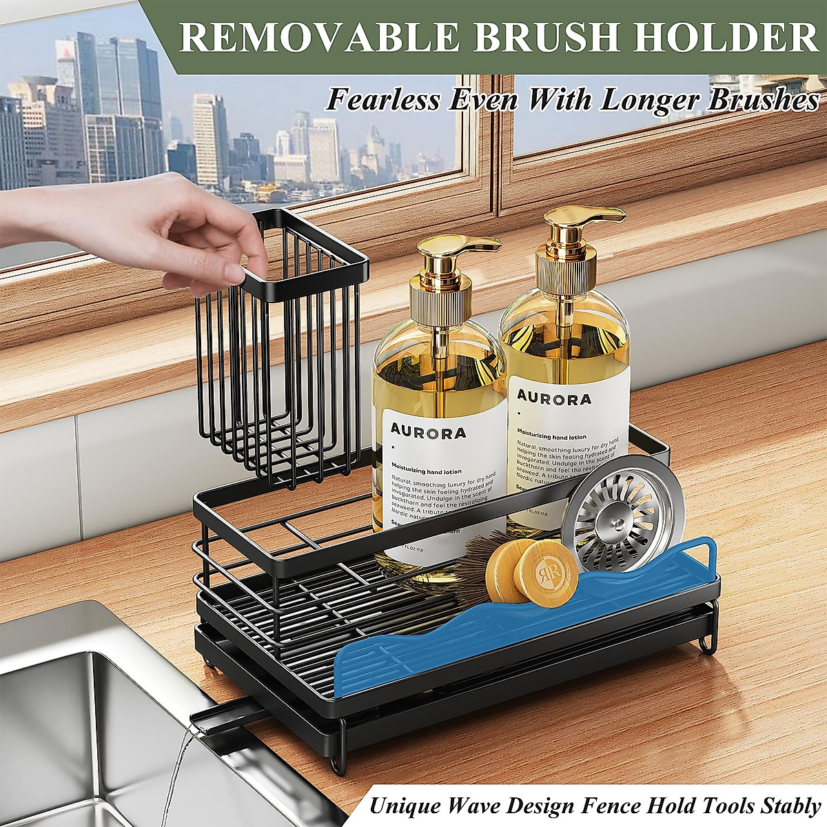 Biridict Sponge Holder for Kitchen Sink, Sink Caddy with Removable Brush Holder, Stainless Steel Self Drain Kitchen Sink Organizer, Dish Soap Dispenser Storage Accessories