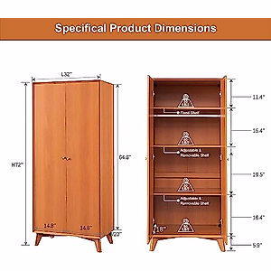 OKD Storage Cabinet w/Adjustable Shelves, 72" Tall Mid Century Modern Kitchen Pantry with Door, 20" Deep Armoire Closet w/Hanging Rod Versatile Storage for Bathroom, Laundry, or Living Room, Cherry