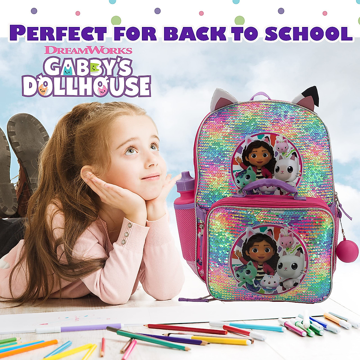 AI ACCESSORY INNOVATIONS Gabby’s Doll House 4 Piece Backpack Set, Flip Sequin 16" School Bag for Girls with Front Zip Pocket, Pink