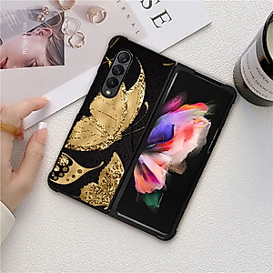 DJSOK Case Compatible with Samsung Galaxy Z Fold 3 5G Case,Beautiful Golden Butterfly Luxury Pattern Design Pattern Back+Soft Silicone Protective Case