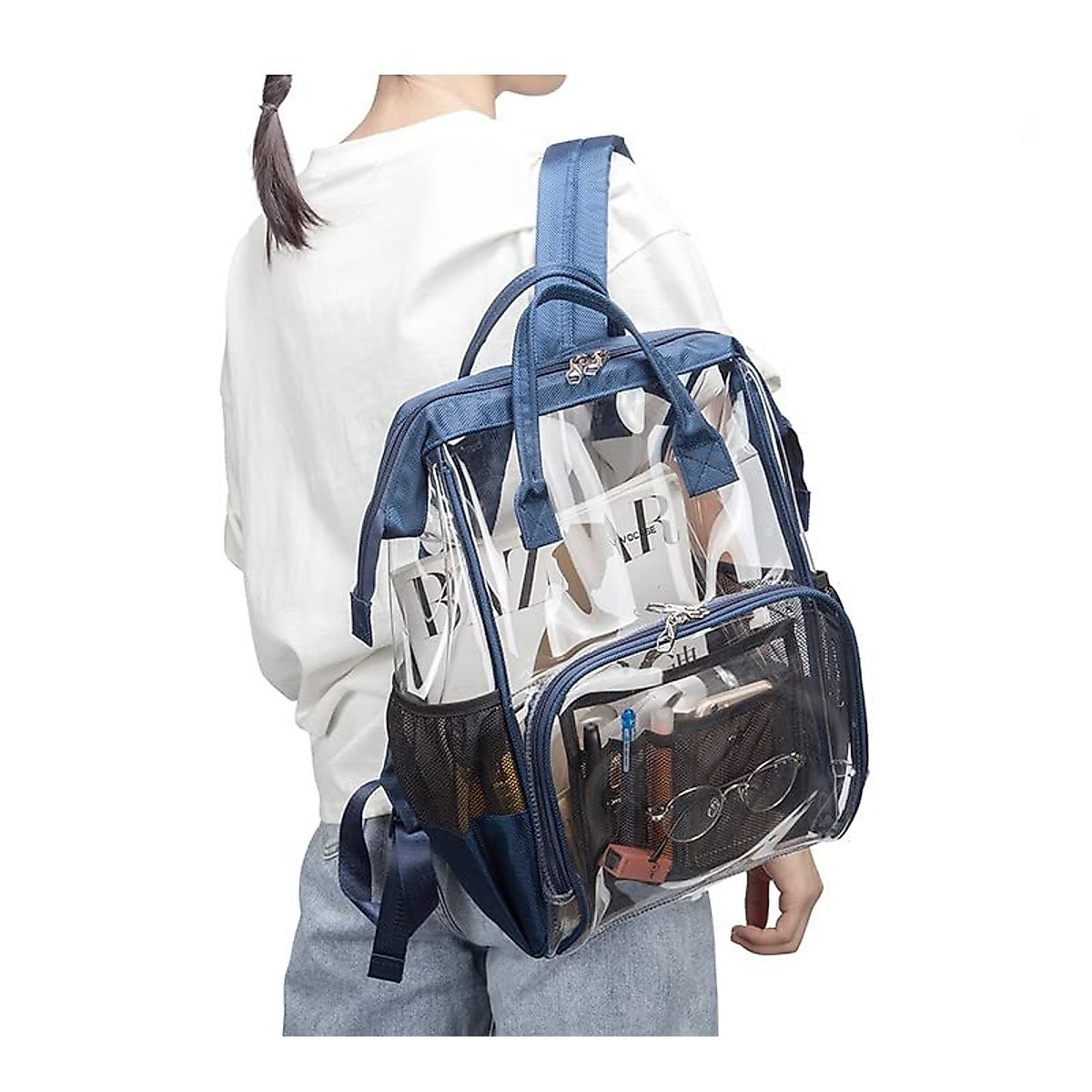 Clear Backpack Large Clear Backpack Heavy Duty PVC Transparent Clear Bag for Stadium, School (Blue)