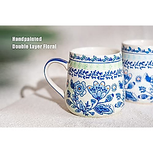 Taimei Teatime Coffee Mug with Lid, Set of 2, 16.5 oz, Ceramic Coffee Mugs with Handpainted Floral Pattern, Mugs Gift Set for Tea Lover, Woman and Couple, Microwave and Dishwasher Safe