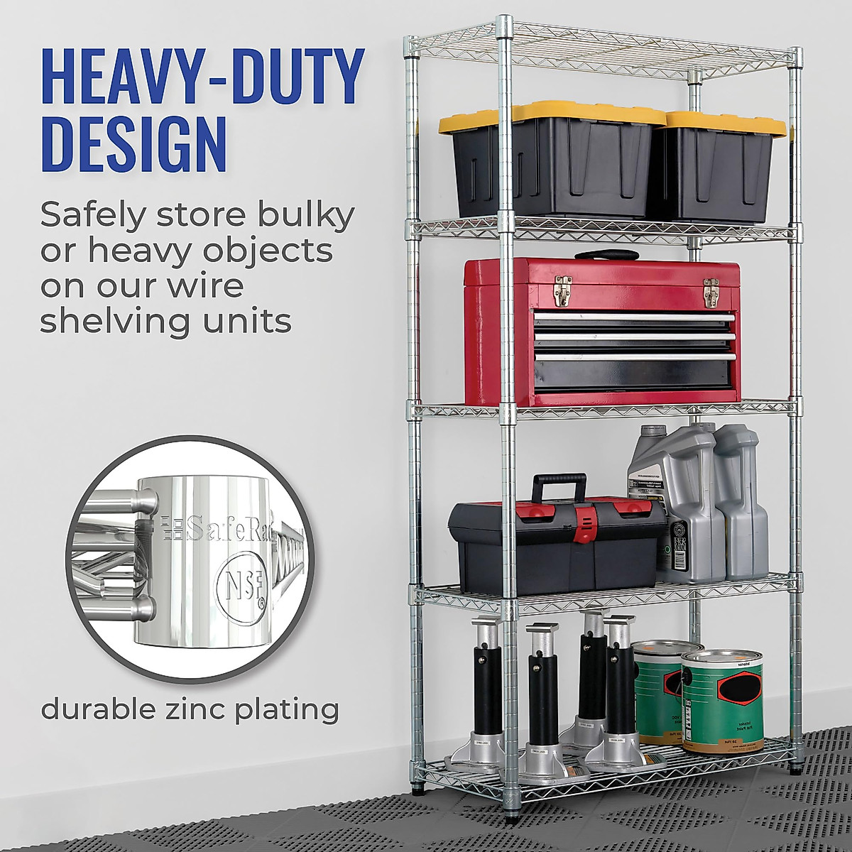 SafeRacks - NSF Certified Storage Shelves, Zinc, Heavy Duty Steel Wire Unit with Adjustable Feet, Garage or Bakers Rack, Kitchen, Pantry Shelf - (14"x30"x60" 5-Tier) (Silver)