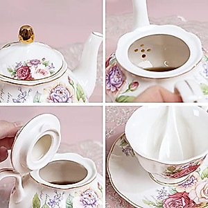 fanquare European Porcelain Coffee Set, Pink Women Tea Set, Bone China Tea Set, Vintage Floral Coffee Tea Pot with Cups