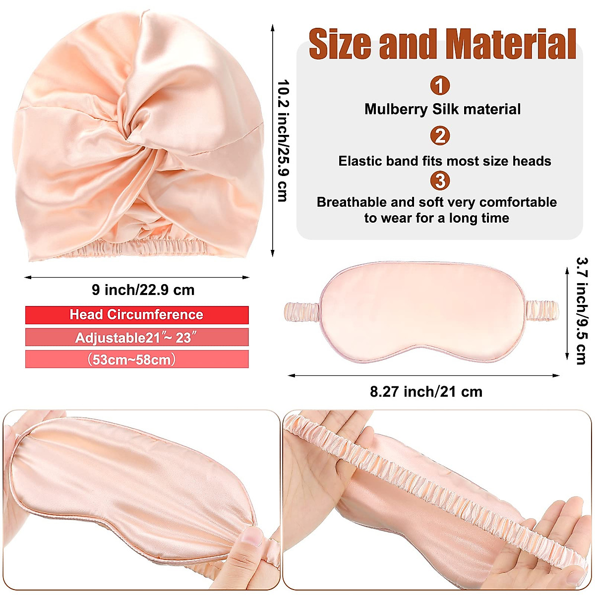 SATINIOR 4 Pcs Silk Bonnet Sleep Cap Women Silk Hair Wrap for Sleeping and Comfortable Sleep Eye Covering, 4 Piece Set(Black, Pink)